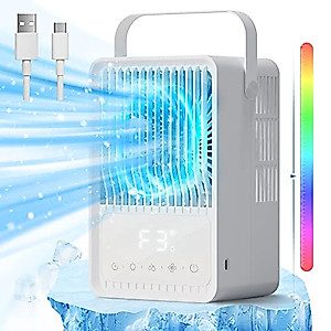 Portable Air Conditioner Fan, Ultra Quiet&Strong Airflow Personal Small Evaporative Air Cooler with 3 Speeds LED Light, 2 Cool Mist&2-8H Timer, Desk Cooler Fan for Room Office Camping, FERRISA (White)