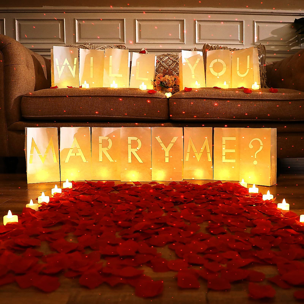 Coume 2051 Pcs Proposal Decorations Kit 15 Will You Marry Me Sign Luminary Paper Bags 2000 Rose Petals 36 Heart Flameless Candles with USB Romantic Night Light for Proposal Wedding Party(Warm White)