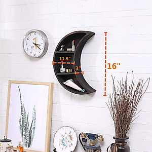 Wall Mounted Moon Shelf-Solid Wood Crystal Shelf，Distressed Antique Finished Storage Holder,Farmhouse Hanging Disaplay Shelves for Living Room,Bedroom(Burnt Color)