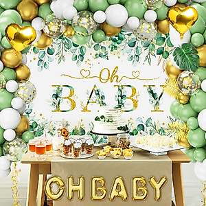 244 PCS Sage Green Baby Shower Decoration Set Includes Plates, Napkins, Cups, Cutlery, Oh Baby Backdrop Tablecloth Balloon Garland Kit for Boho Greency Neutral Party Supplies, 25 Guest