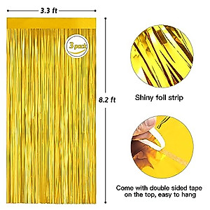 FANNEV 3pcs 3.3 * 8.2ft Gold Tinsel Foil Fringe Curtains Streamers for Birthday Graduation Wedding Engagement Bridal Shower Bachelorette Holiday Gold Party Decorations, Christmas Photo Back Drop