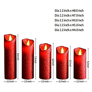 Kitch Aroma Burgundy Red Glitter Flickering Flameless Candles Set of 5(H 5"/5.5"/6"/7"/8" xD 2.2") Christmas Red Powder Candle Fllickering Flameless Candles Home Decor