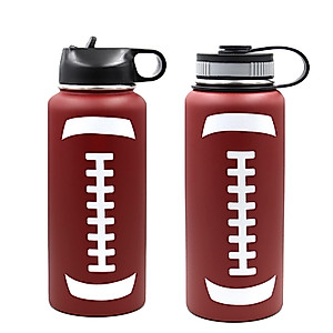 Football Water Bottle, Wide Mouth Metal Thermo Flask with 2 Lids, Stainless Steel Travel Tumbler Double Wall Vacuum Leak Proof Insulated Sports Water Bottles, Gifts for Mom Men Lovers (32oz, Football)