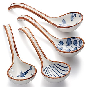 Asian Soup Spoon Ceramic Ramen Spoons Korean Spoons Porcelain Japanese Soup Spoon for Ramen Noodles Pho Miso Dumpling 4pcs (Style 1)