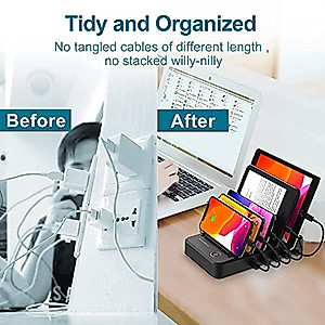 Charging Station for Multiple Devices 5 Ports with 6 Mixed Charging Cables Multi USB Charger Station Organizer for Cell Phones Tablets Tab Electronics Tech Gadget