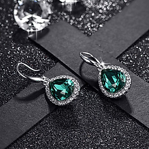 Teardrop Austrian Crystal Halo Dangle Earrings for Women 14K Gold Plated Hypoallergenic Jewelry (Green)