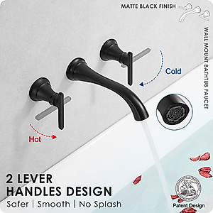 HOIGY Brass Tub Filler Wall Mount 3 Hole, Farmhouse Black Tub Faucet, High Pressure 2 Handle Matte Black Bathtub Faucet Set with Long Spout Reach, Rough-in Valve
