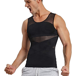 TAILONG Men's Compression Shirt for Body Shaper Slimming Vest Tight Tummy Underwear Tank Top (Black, Large)