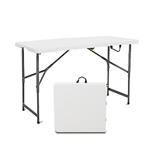 Plainsity 4ft Plastic Folding Table - Portable, Foldable, Heavy Duty Dining Table for Parties, Weddings, BBQs, Camping, Backyard Events - Indoor/Outdoor Utility Table with Carrying Handle White