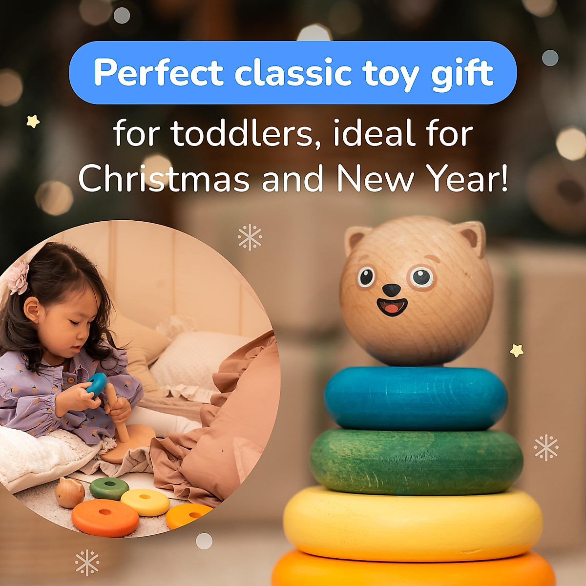 Bimi Boo Wooden Rainbow Stacking Rings for Toddlers - Ring Stacker Baby Toy with Roly-Poly Base - Montessori Early Counting Toy, Size Recognition Learning Activity - Ideal Baby Gift (5 Rings)