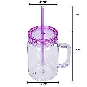 Zephyr Canyon Plastic Mason Jars with Handles, Lids and Straws | 20 oz Double Insulated Tumbler with Straw | 4 Pack Set of 4 | Wide Mouth Mason Jar Mugs | Cups for Kids and Adults…