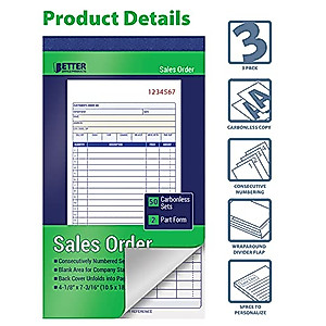 Sales Order Books, 3 Pack, 2-Part Carbonless (White/Canary Yellow), 4-1/8 x 7-3/16 inches, by Better Office Products, 50 Sets per Book, 150 Total Sets, 3 Books