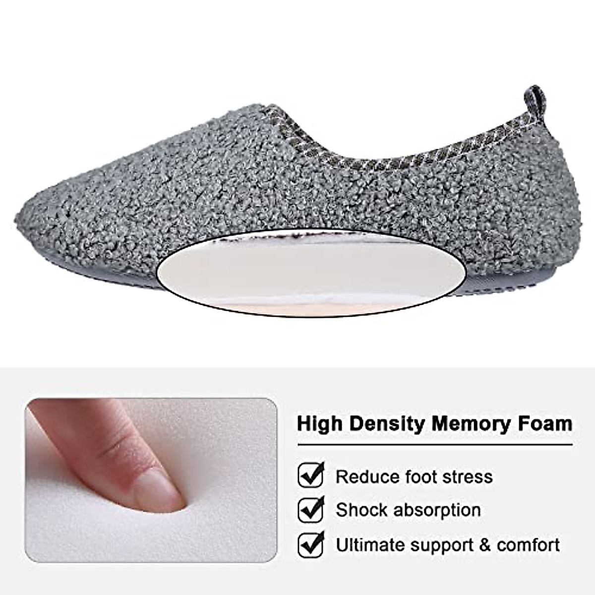 shevalues Cozy Ballerina House Slippers for Women Memory Foam Indoor Home Wide Slippers for Swollen Feet Grey size 8.5-9.5