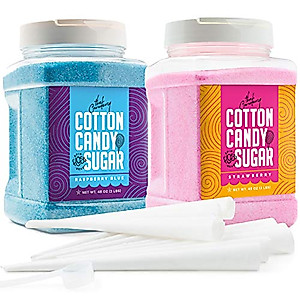 The Candery Cotton Candy Floss Sugar (2-Pack) Includes 100 Premium Cones | Raspberry Blue and Strawberry | Plastic, Reusable Jars | Easy Pour Spout or Scoop | Includes Scooper | 3 LBS Jars