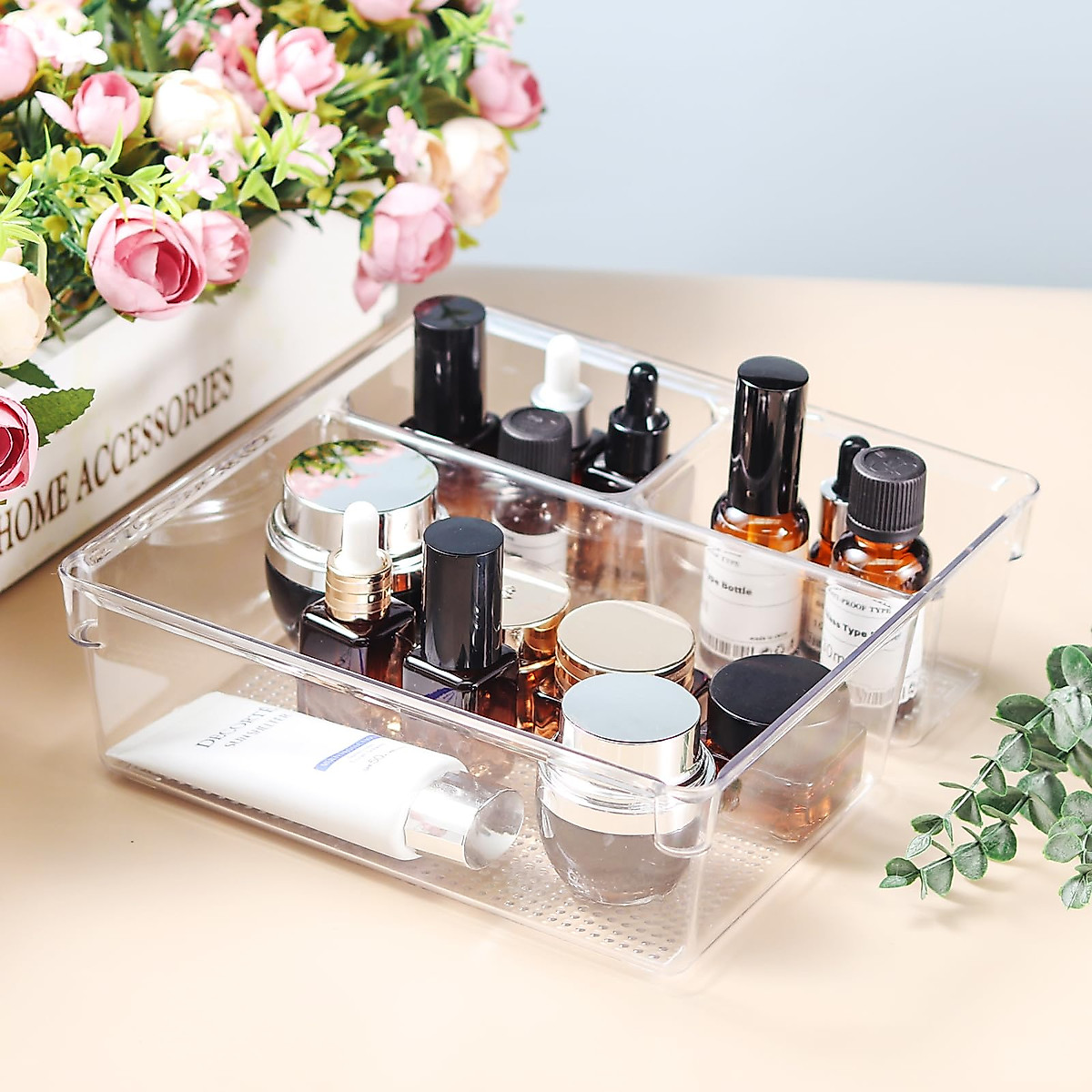 CherHome Drawer Organizer，2PCS Clear Organization and Storage Set，Desk Drawer Organizer Food Snack Organizer，Plastic Organizer Bins for Kitchen Drawer，Bathroom，Makeup and Office(13 X 8.9 X 2.3in)