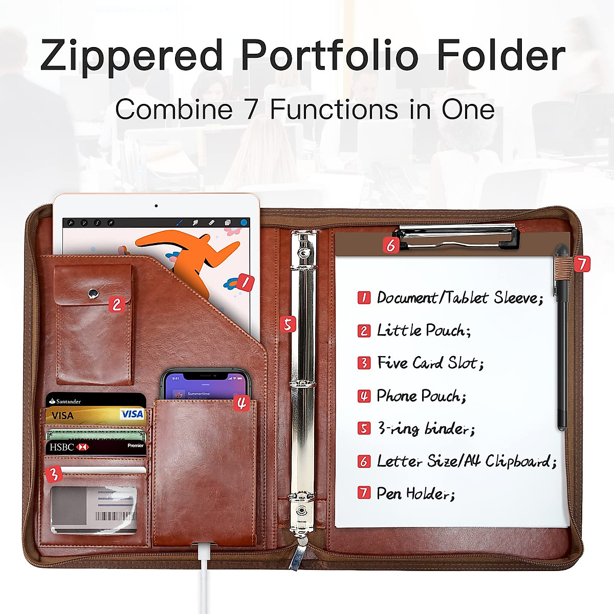 Zippered Portfolio Organizer, WRIYES Leather Padfolio with 3 Ring Binder, Professional Business Binder, Organizer for IPad/Document, Phone & Business Cards, Office Gifts for Men or Women (Brown)