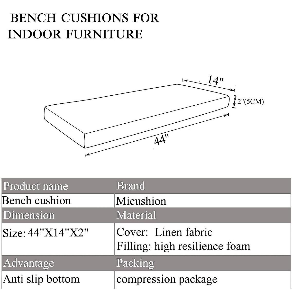 MICUSHION Piano Bench Cushion 44x14 Inch for Indoor Shoe Storage with Ties Non Slip Picnic Bench Pad for Kitchen Dining Table Seat, Navy Blue