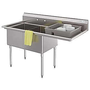 KoolMore 63 in. 18-Gauge 2-Compartment Commercial Sink with Backsplash and 24 in. Right Drainboard, Bowl dimensions 18"x24"x14" in Stainless-Steel (KM-SB182414-24R3)