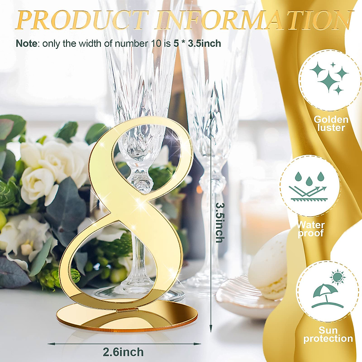 Yalikop Table Numbers Table Numbers for Wedding Reception Wedding Gold Wedding Table Numbers with Holder Elegant Mirror Table Numbers for Wedding Party Birthday Anniversary Event Catering (Gold)