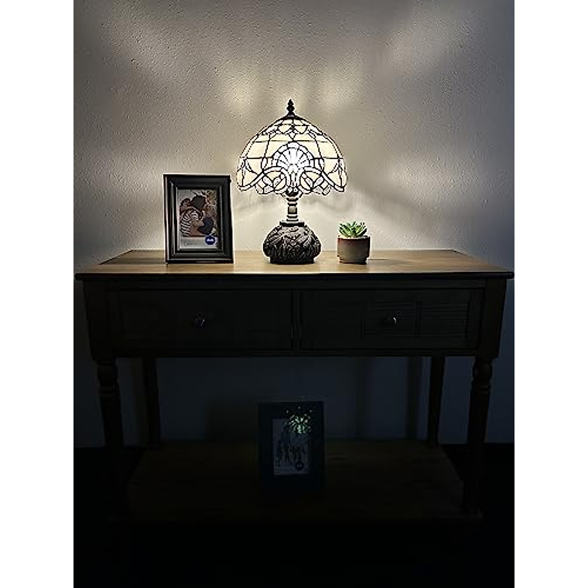 Enjoy Tiffany Style Table Lamp White Baroque Style Lavender Stained Glass Included LED Bulb Vintage for Living Room Dining Room Bedroom Bedside Office Hotel H14*W10 in