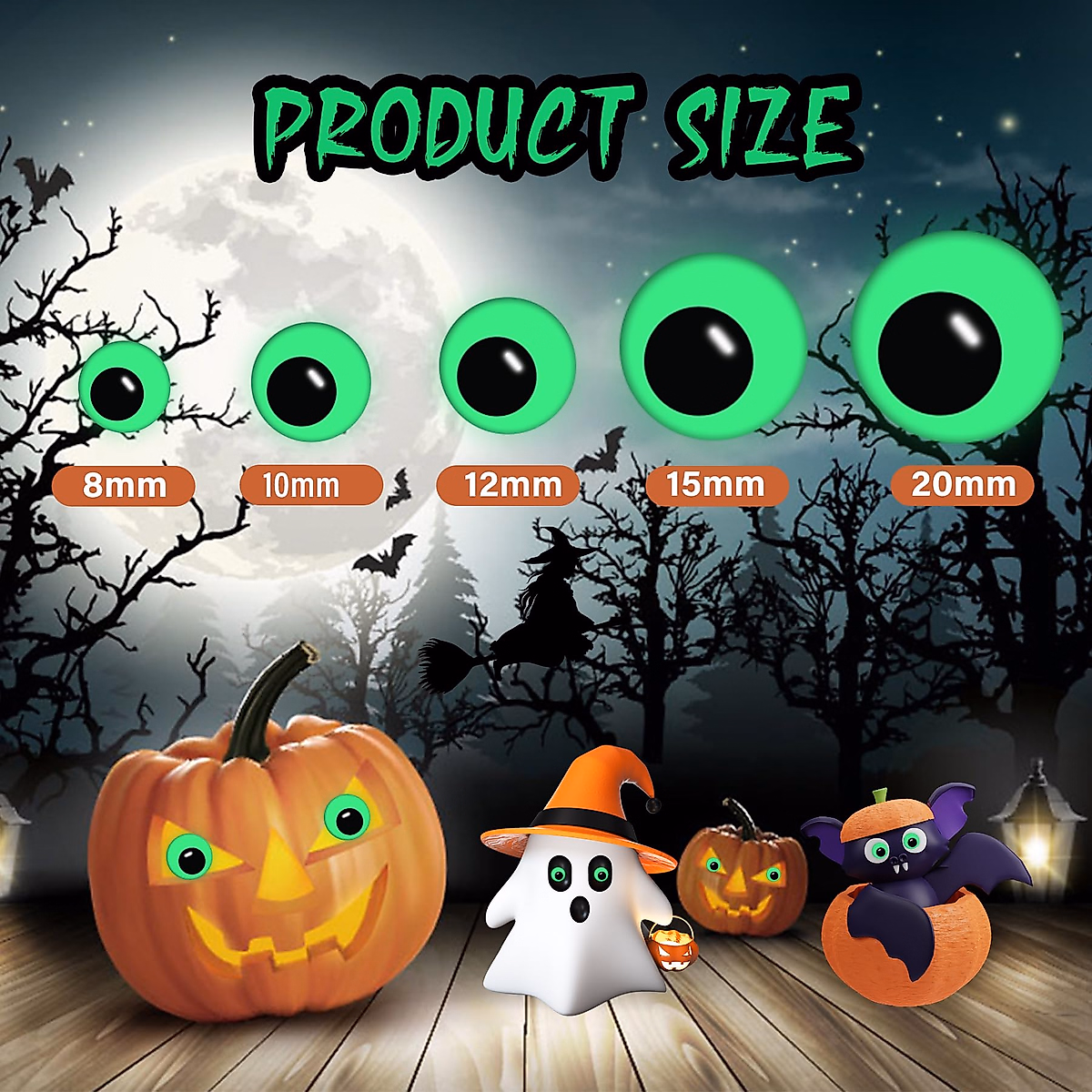 400 Pcs Wiggle Googly Eyes Self Adhesive Glow in The Dark Luminous Large Googly Eyes Plastic Glowing Eyes Sparkle for Craft DIY Decoration（8 10 12 15 20mm）