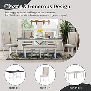 RUNWON 6-Piece Classic Set,Rectangular Extendable Table with Two Removable Leaves and 4 Upholstered Chairs and 1 Bench for Dining Room, Gray