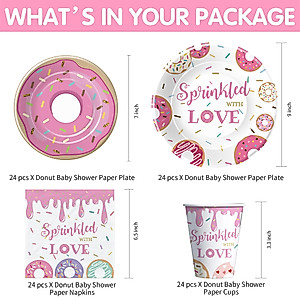 Suhelkit Donut Baby Sprinkle Decorations Tableware Girl - Sprinkled with Love Baby Shower Party Supplies, Paper Plate, Napkin, Cup, Tablecloth, Cutlery, Pink Donut Baby Shower Decorations | 24 Guests