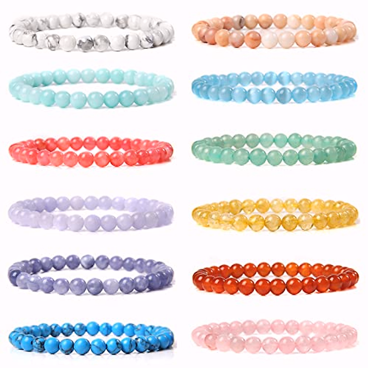 JEWPARK 12 PCS Gemstone 6mm Round Beads Bracelet Set Healing Crystal Stone Stretch Bracelets for Men Women Round Beaded Elastic Bracelets