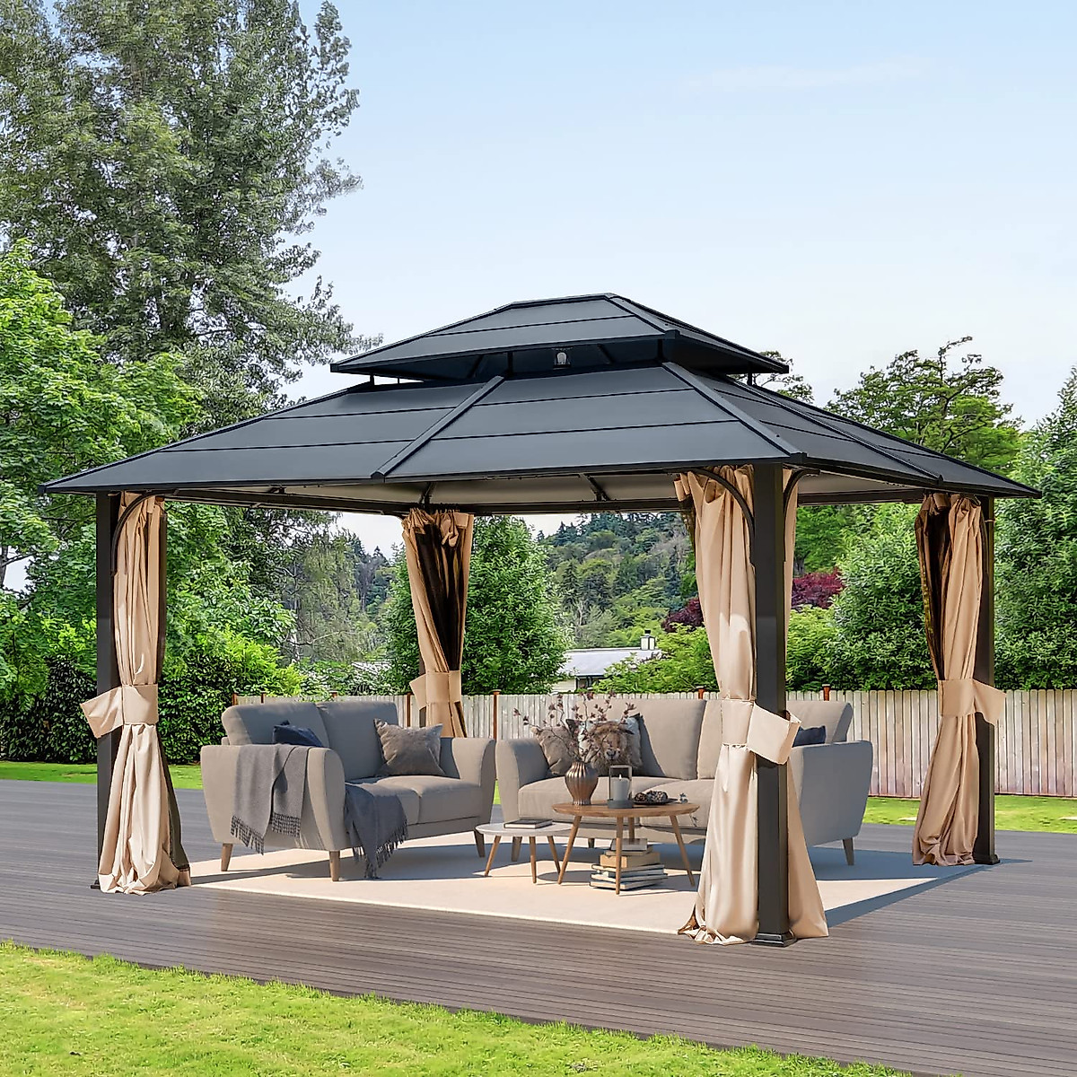 EROMMY 12'x14' Metal Steel Gazebo, Outdoor Aluminum Hardtop Canopy with Netting and Shaded Curtains, Double Roof Pergolas, Permanent Metal Pavilion for Patio, Backyard, Deck and Lawns Dark Bronze
