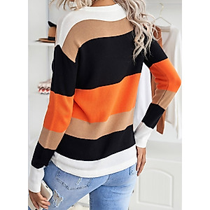 Dokotoo Womens Sweaters Round Neck Striped Cute Winter Pullover Sweaters for Women Trendy 2023 Drawstring Orange Medium