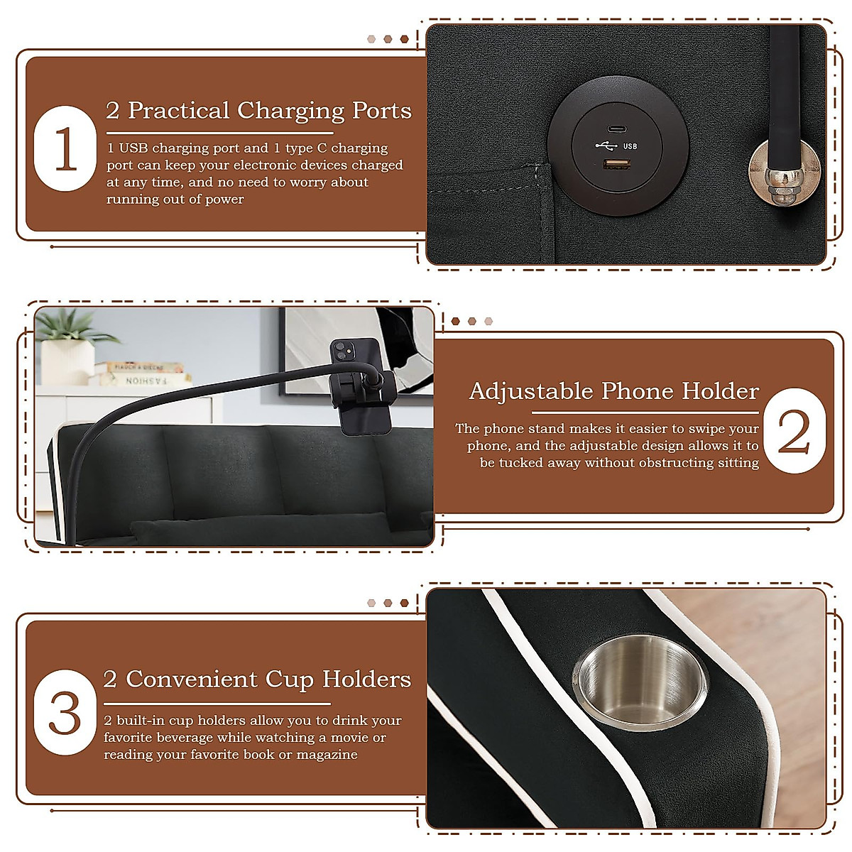 Pull Out Sofa Bed with Phone Holder, Convertible Velvet Loveseat Sleeper with 2 USB Charging Ports, Modern Futon Couch with Cup Holders and Adjustable Backrest, Small Love Seat for Living Room, Black