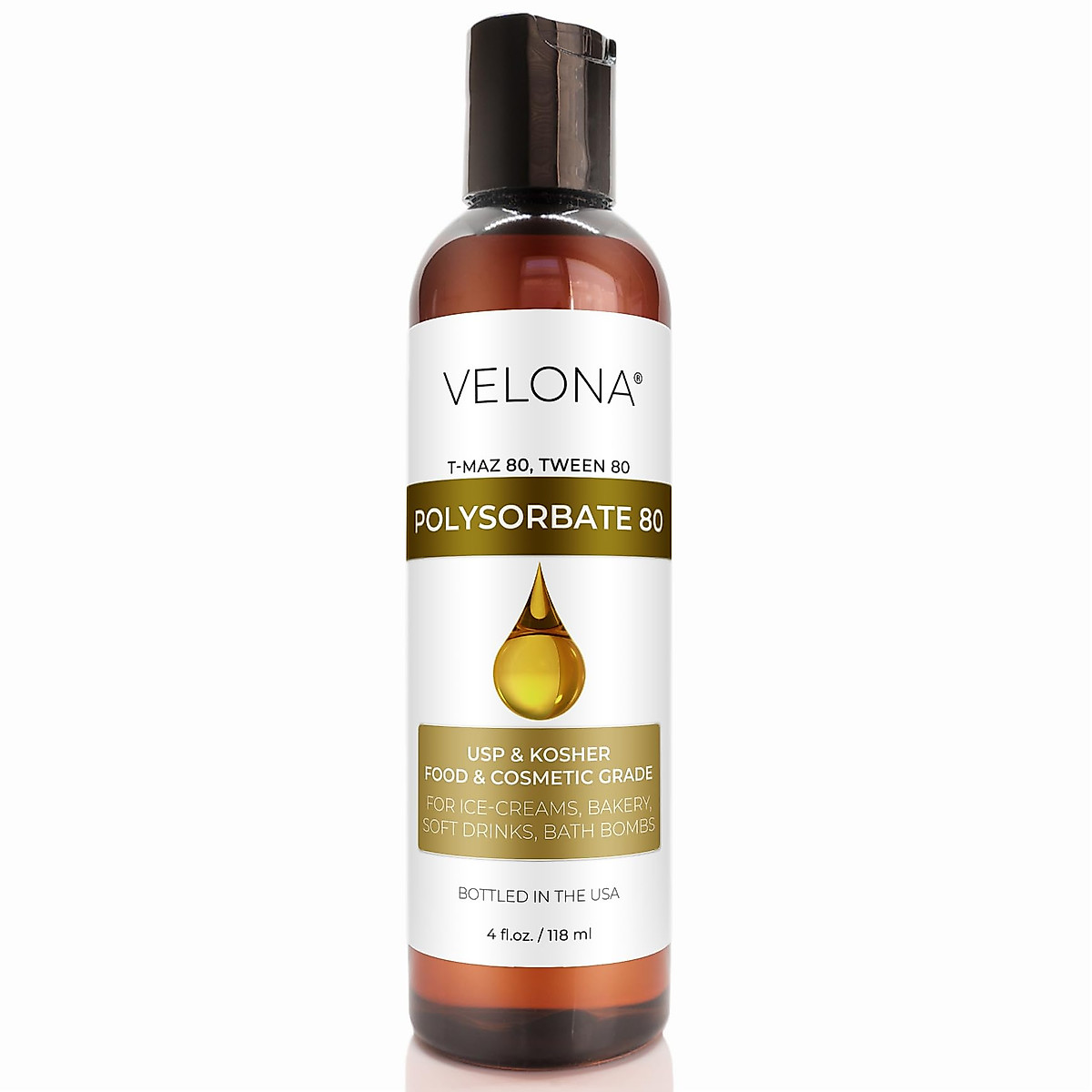 Polysorbate 80 by Velona - 4 Fl Oz | Solubilizer, Food & Cosmetic Grade | All Natural for Cooking, Skin Care and Bath Bombs, Sprays, Foam Maker | Use Today - Enjoy Results