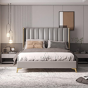 King Size Bed Frame, Upholstered Platform Bed with Tall Channel Tufted Headboard, Classic Modern Grey Mattress Foundation with Thickening Pine Wooden Slats and Metal Leg, No Box Spring Needed