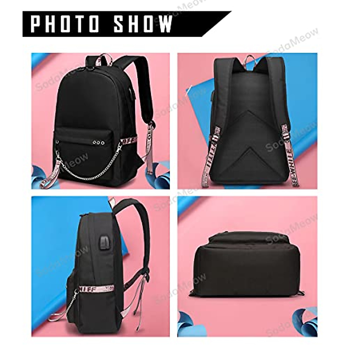 SodaMeow Anime Backpack Bag Nezuko Backpack Tanjiro Kimetsu no Yaiba, Free Keychain, with USB Charging Port (Black-A)…