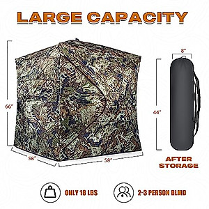 HUNT MONSTER Hunting Blind 2-3 Person with Tri-Leg Hunting Stool, 270 Degree See Through Pop up Ground Blinds for Deer Turkey Duck Hunting, Bow Hunting Adjust Windows with Silent Zipper