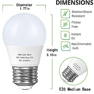 A15 Led Bulb, E26 Base Appliance Light Bulb, 6W(60 Watt Incandescent Equivalent), Ceiling Fan Light Bulbs, 550 LM, Small Lightbulbs, Non-Dimmable, 5000K Daylight, 6 Packs