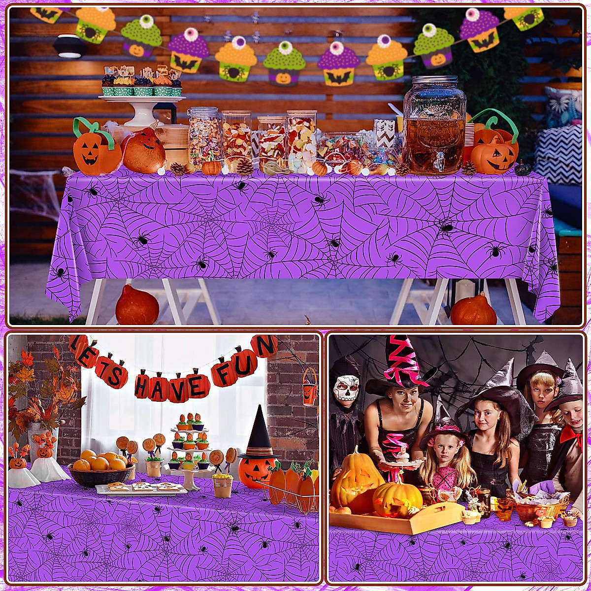 Miucat 3Pcs Halloween Tablecloth, Halloween Table Cloth Spider Web Table Cloths Halloween Plastic Tablecloth Halloween Tablecloth Disposable for Halloween Party Decorations 54" x 108" (Purple)
