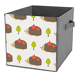 Hedgehog PU Leather Collapsible Storage Bins Canvas Cube Organizer Basket with Handles