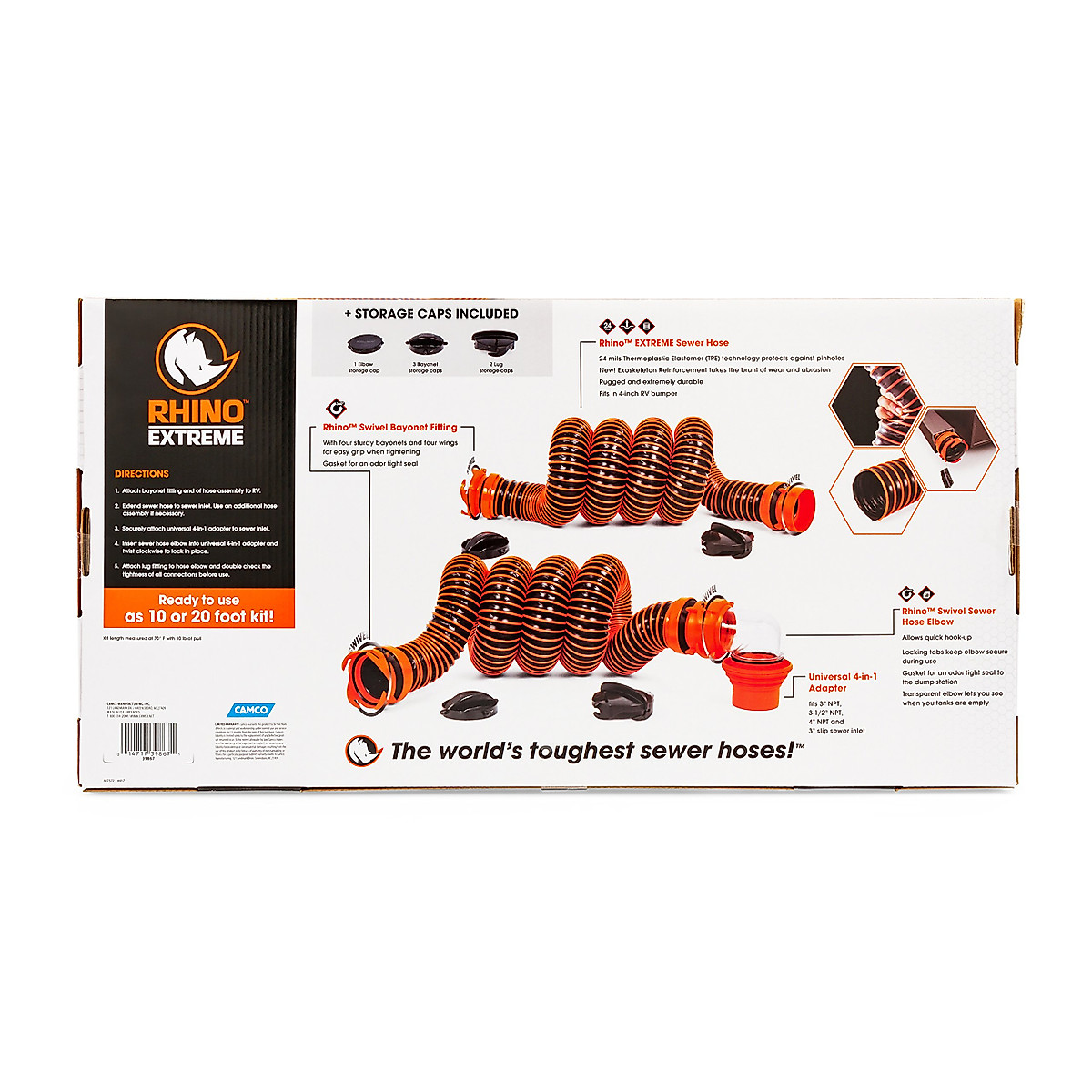 Camco RhinoEXTREME 20-Foot Camper/RV Sewer Hose Kit | Features TPE Technology for Abrasion Resistance and Crush Protection | Includes Pre-Attached Rhino Swivel Fittings (39867)