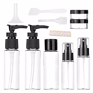 Vitog Travel Bottles Kit, TSA Approved Leak Proof Portable Toiletry Containers Set, Clear flight size PET Cosmetic Containers for Lotion, Shampoo, Cream, Soap, Set of 11 (Black+Plastic)