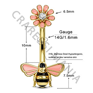CM Crareesi Mania Gold Belly Button Rings 316L Stainless Steel Bee Belly Rings for Women 14G Flower Belly Button Piercing Jewelry 10mm Cute Navel Piercing Jewelry