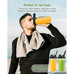 Smoothie Blender, 1300 W Upgraded Compact Personal Blender for Shakes and Smoothies, Juice, Frozen Drinks, Sauces & More, Smoothies Maker with 2 * 32 Oz To-Go Cups, 2*Spout-Lids