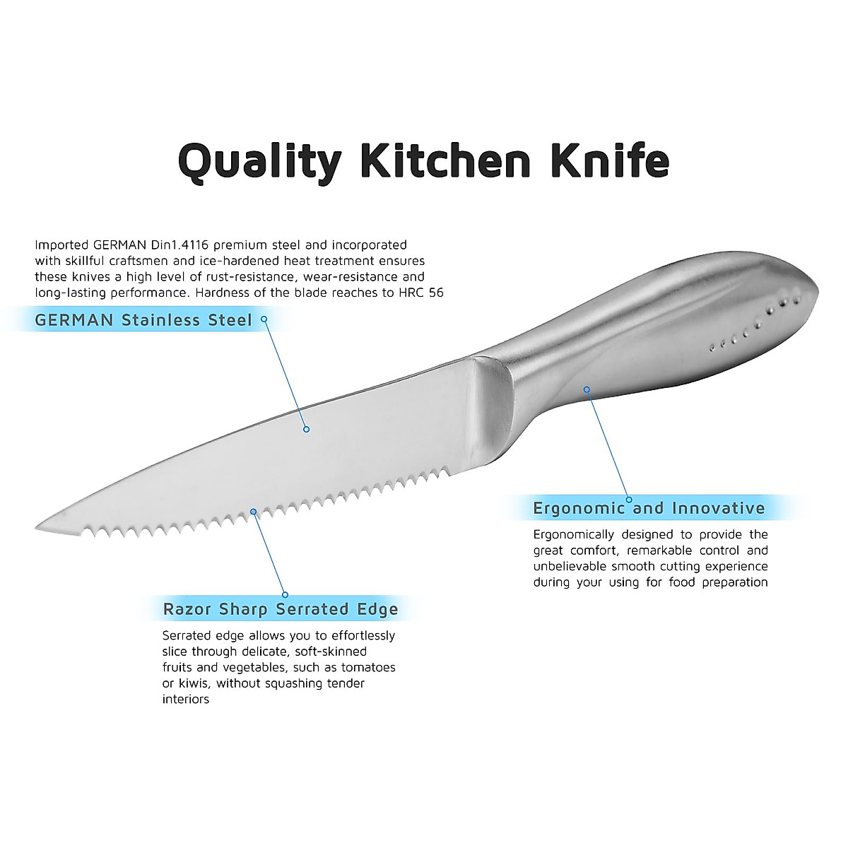 WELLSTAR Utility Knife, 4 Inch Serrated Paring Knife with Super Sharp High Carbon Stainless Steel Blade for Fruit Vegetable Cutting Peeling Slicing – Silver