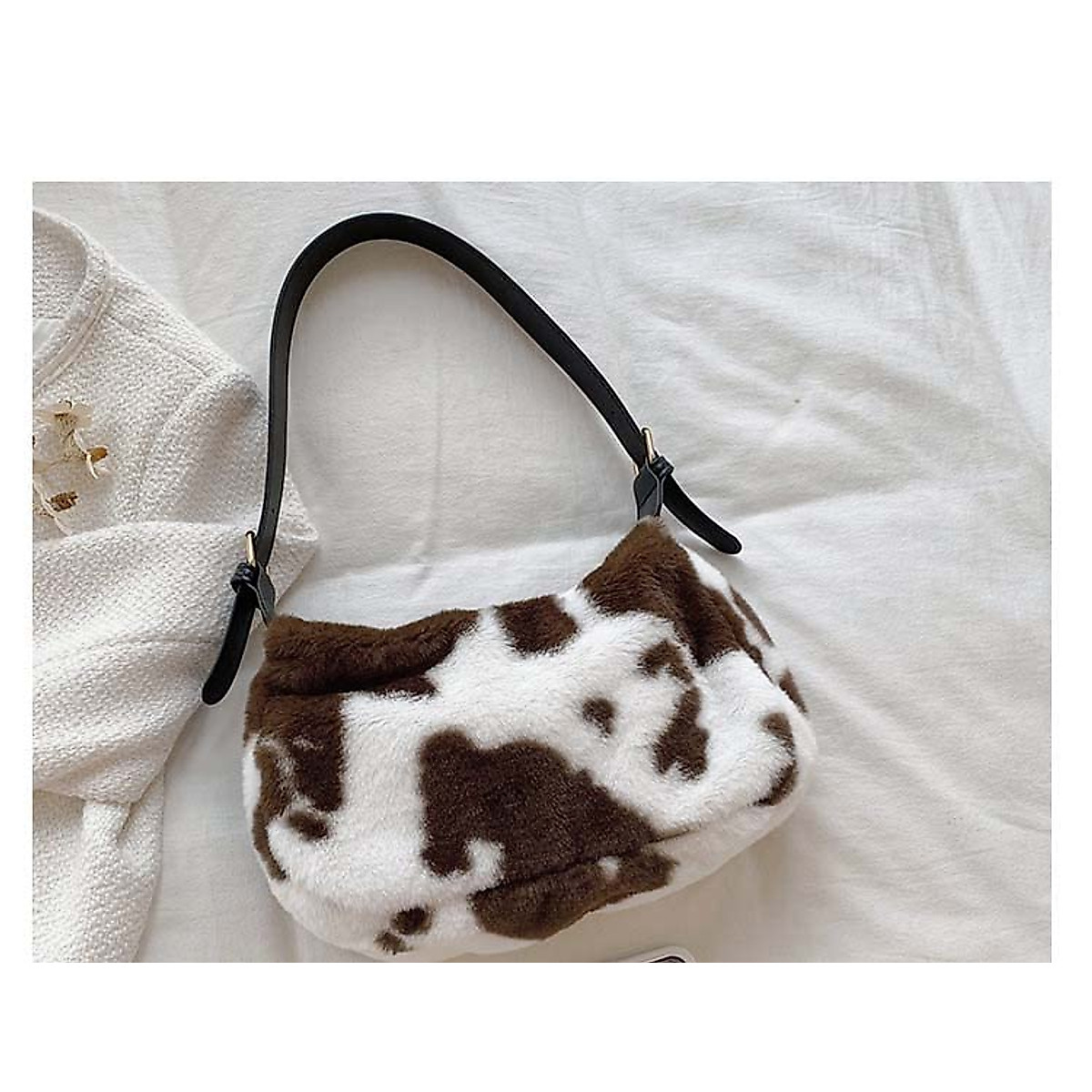 Women Fluffy Faux Fur Cow Print Shoulder Bag Clutch Purse Underarm Handbag Satchel Zipper Tote Bag Purse