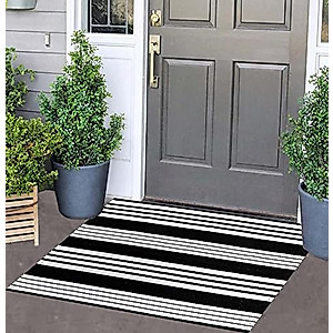 Black and White Striped Outdoor Rug 24'' x 35'' Door Mat Outdoor Machine Washable Welcome Mats Cotton Hand-Woven Entryway Rug for Front Porch/Entryway/Laundry/Bathroom/Bedroom