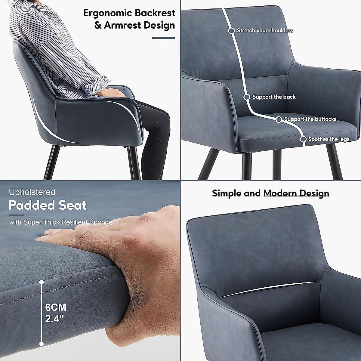 TUKAILAi Leisure Dining Chairs Set of 2, Faux Leather Upholstered Seat Kitchen Chairs with Armrests, Backrest and Metal Legs, Comfy Accent Lounge Chair for Reception Room Living Room (Blue)