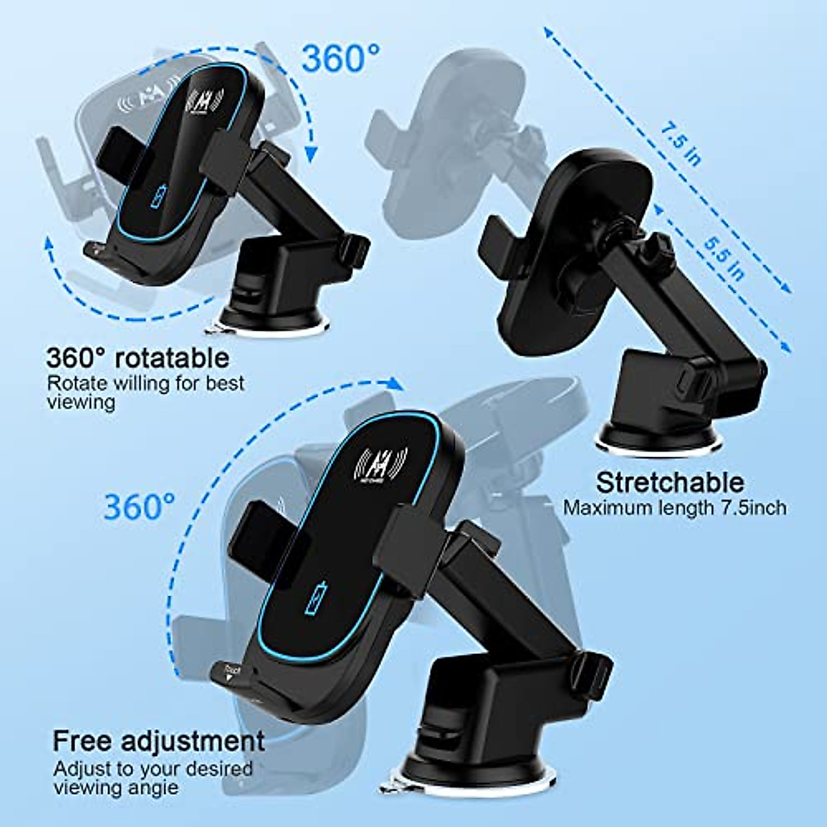 KKM Wireless Car Charger, 15W Qi Fast Charging Auto-Clamping Wireless Car Charger Mount, Air Vent Dashboard Car Phone Holder Compatible with iPhone 14 Pro/14 Pro Max/14/14 Plus/13/12/11/X/XS Max