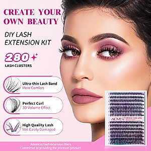 DIY Lash Extension Kit,280 Pcs Lash Clusters with Bond and Seal Cluster Lashes,Eyelash Glue and Lash Tweezers Applicator Tool, 9-16mm D-Mix Curl DIY at Home