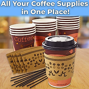 Leak-free Decorative 12Oz Disposable Coffee Cup 50Pk Set With Sleeves Lids and Stirrers. Recyclable and Stylish Brown Paper Cup Bundle for Party, Office, Business or Cafe Hot Beverages and Drinks.