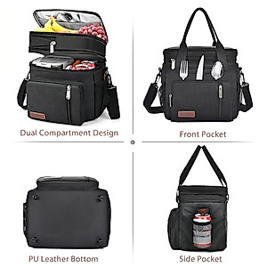 LOKASS Lunch Box for Men, 16L Double Deck Expandable Insulated Lunch box For Adults/Women Thermal Large Waterproof Leakproof Lunch Bag for Work with Shoulder Strap, Black